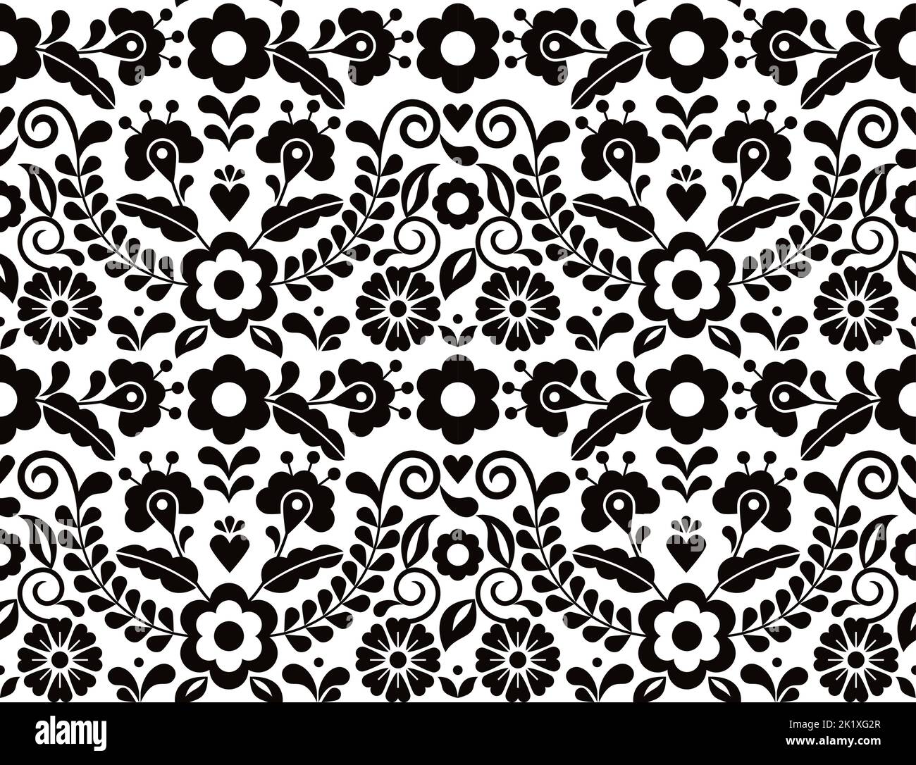 Seamless vector pattern with Mexican floral morif, black and white ...