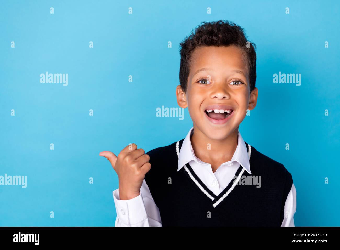 Photo of funky positive person toothy smile direct thumb finger empty ...