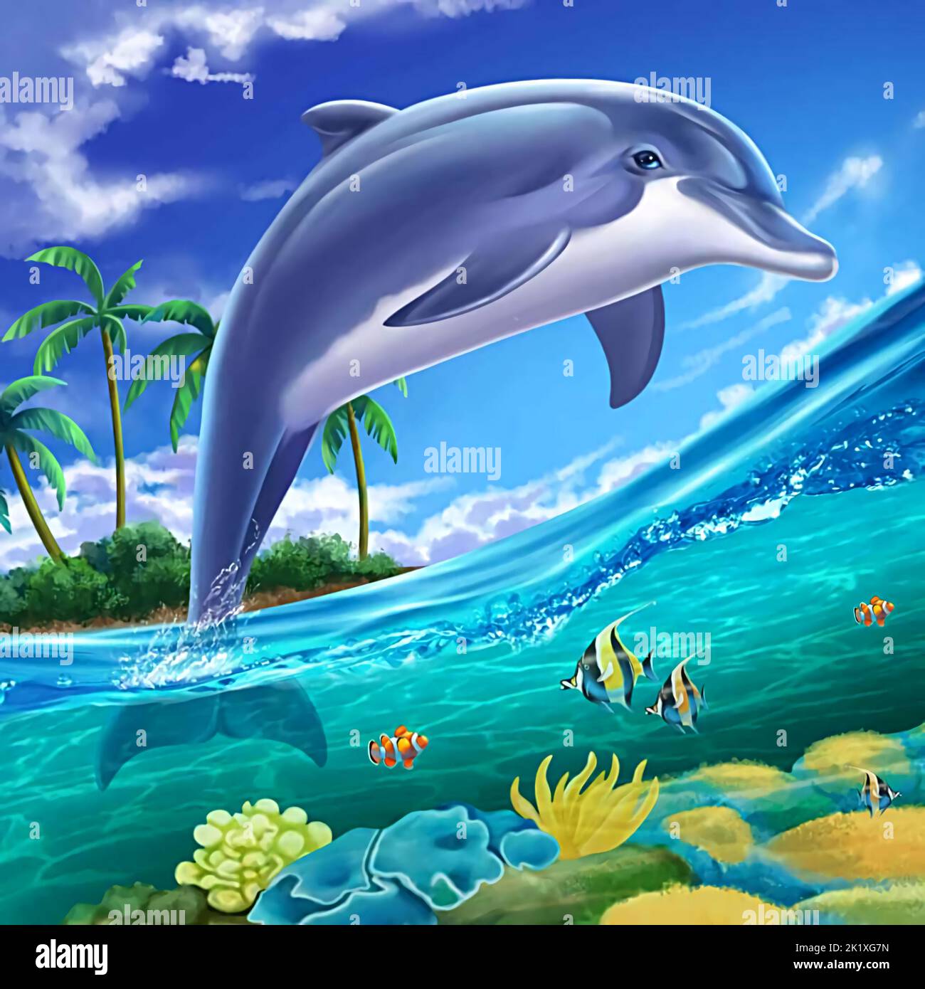 a dolphin jumps into the water on an island during the day Stock Photo ...