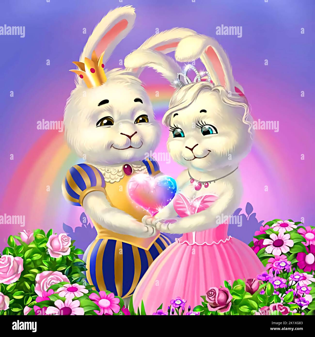 cartoon image of a pair of rabbits in a flower garden Stock Photo - Alamy