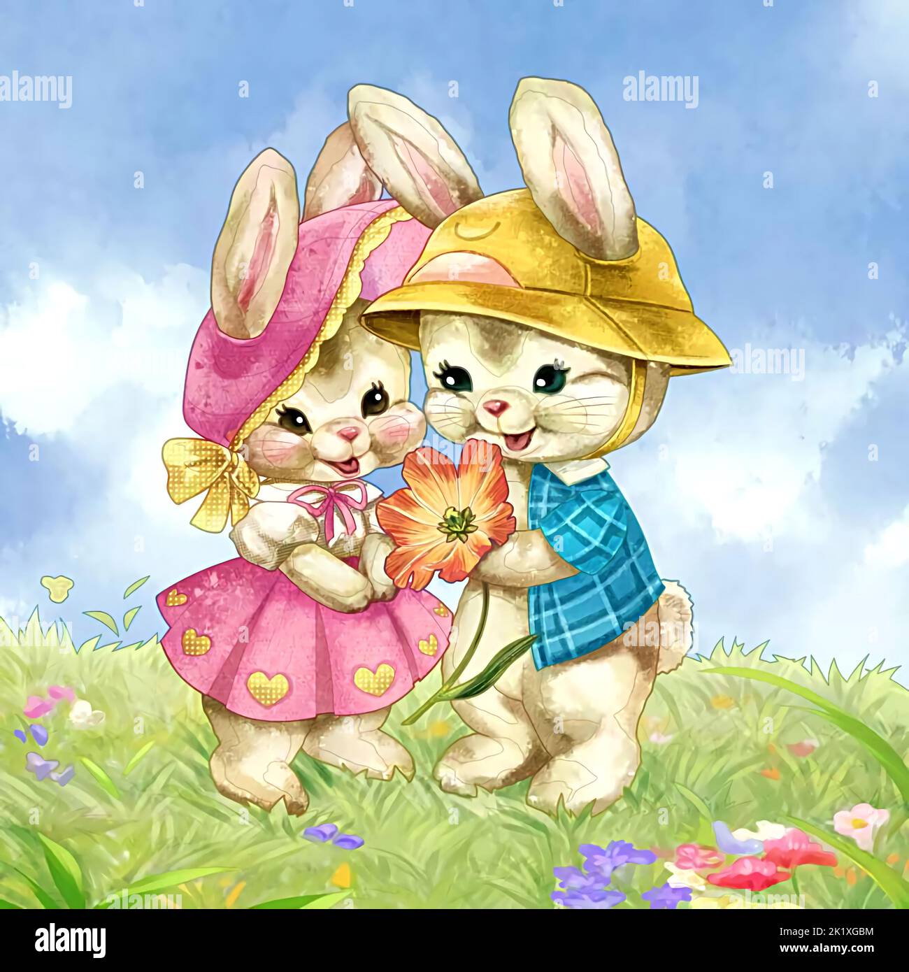 cartoon image of two rabbits, male and female in a flower garden Stock ...