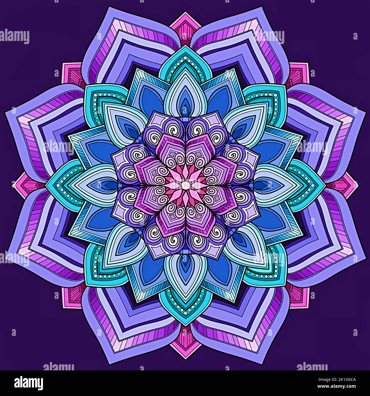 mandala with a flower shape with a mix of colors, pink, purple, blue ...