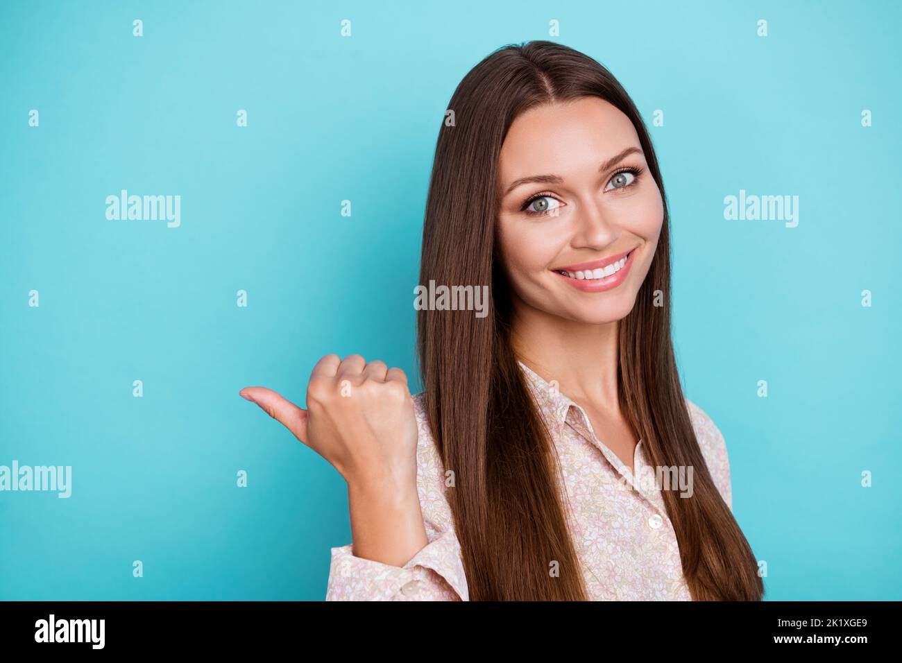 Photo of pretty positive lady bright shiny grin arm direct empty space ...