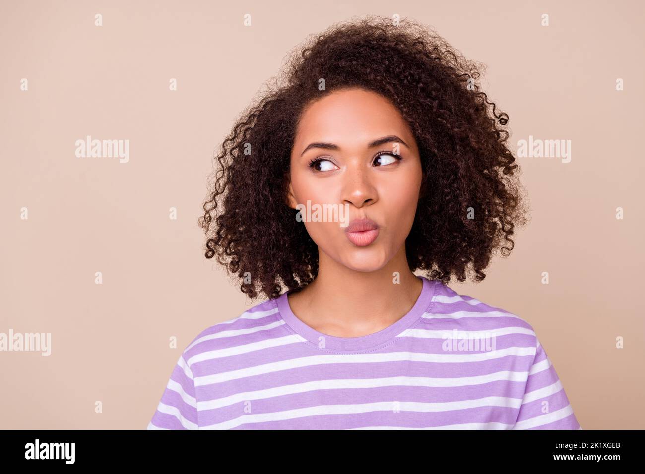Closeup photo of young pretty attractive woman pouted lips look empty ...