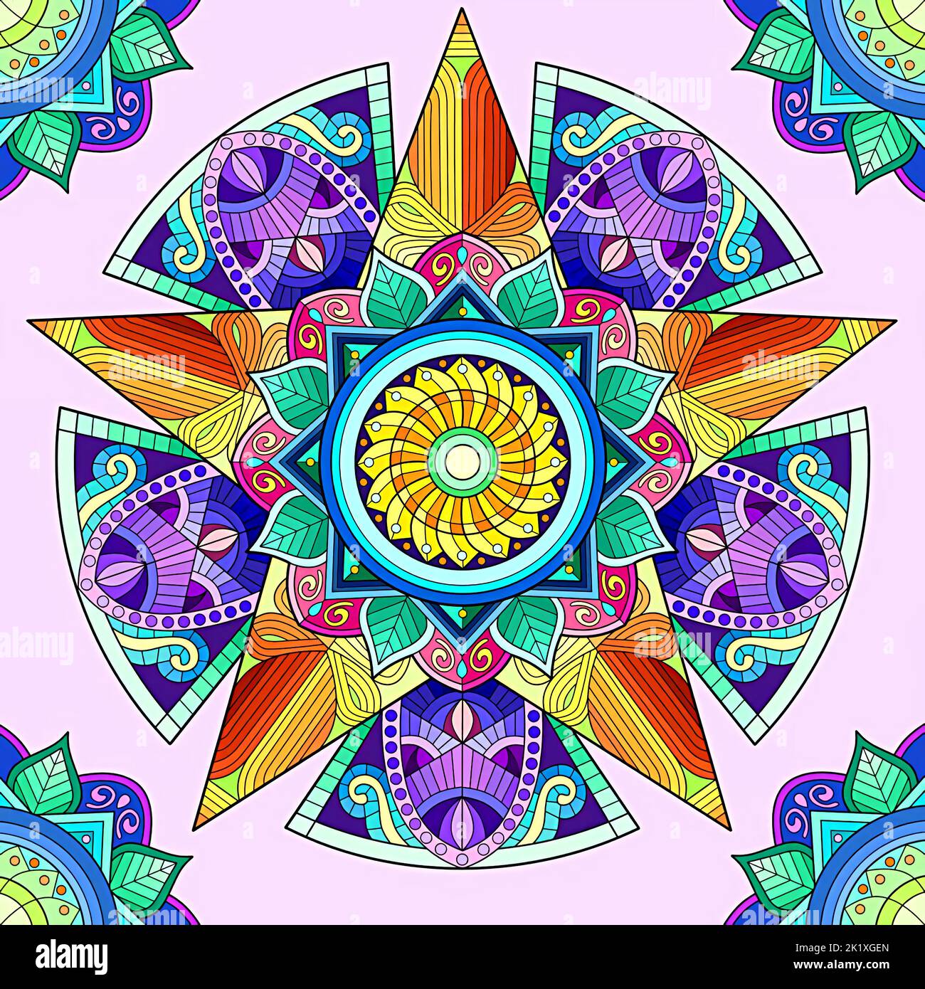 star-shaped mandala with leaf pattern in a mix of colors, yellow, green ...