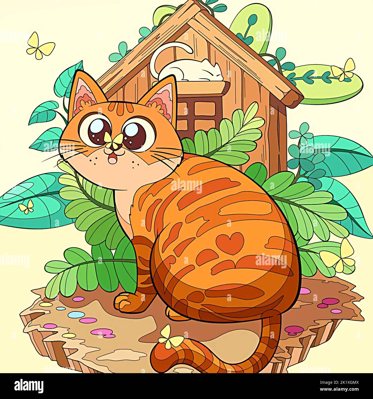 cartoon orange cat, leaves and cat house Stock Photo - Alamy