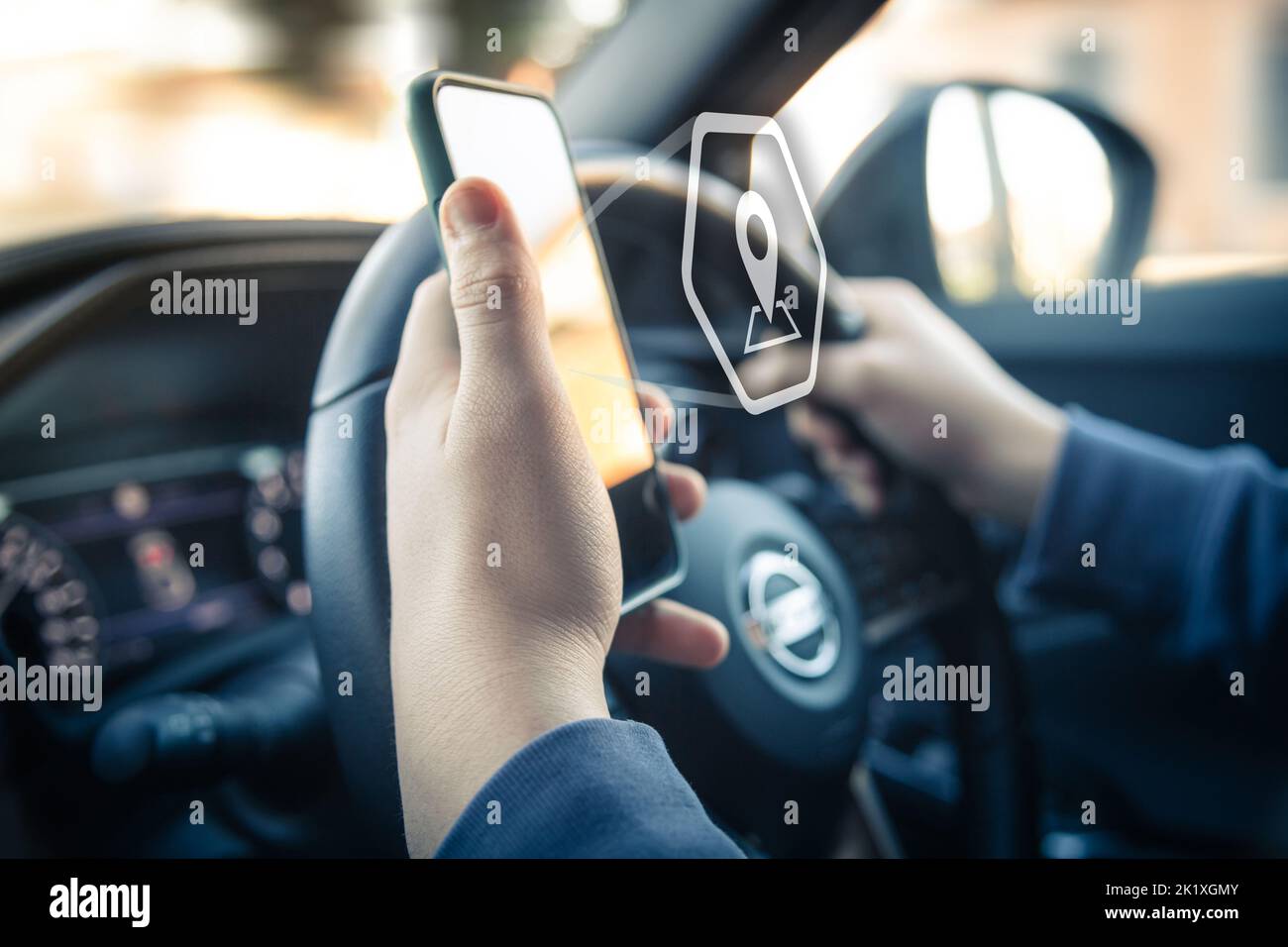 Drive using smartphone. Automotive technology concept. Infotainment ...