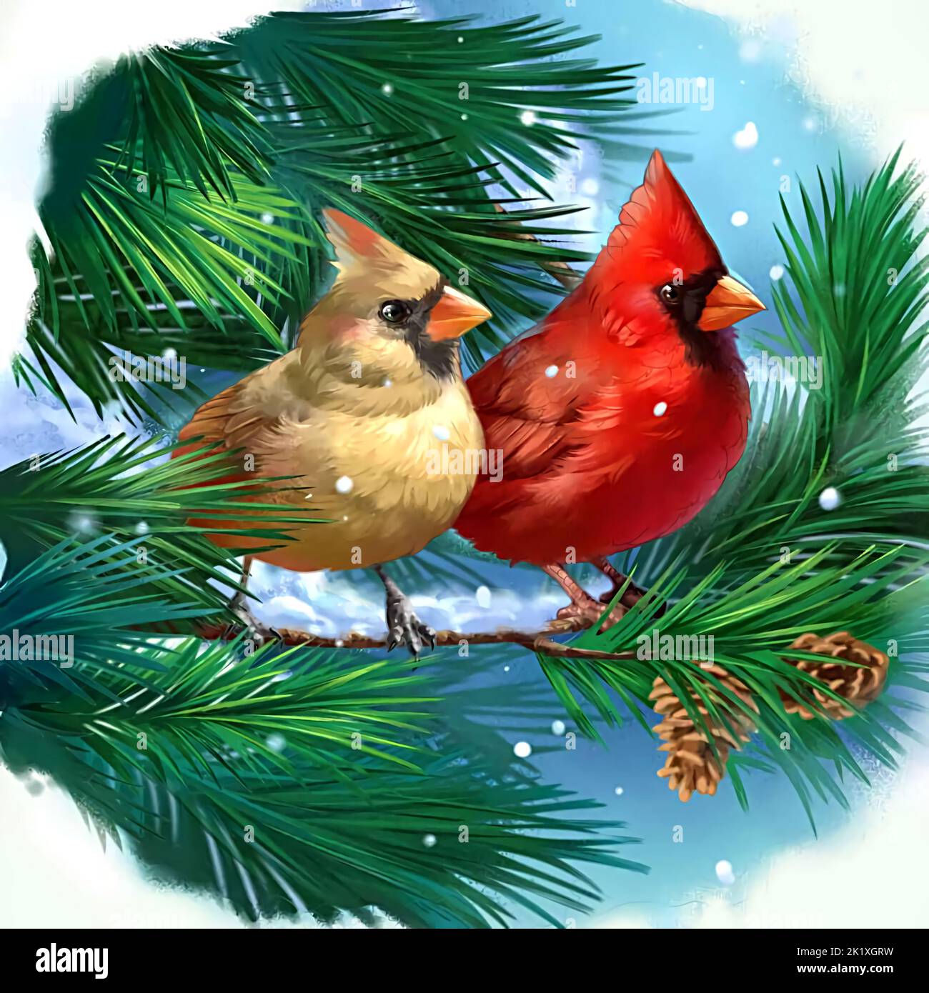 picture of two red and yellow cardinal birds with palm leaves Stock ...