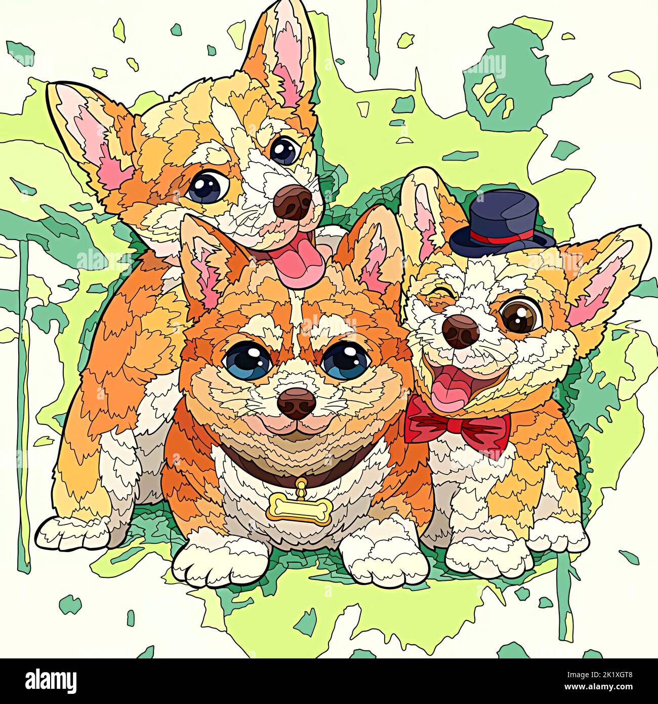 picture of three cute corgi puppies on a green paint splash background ...