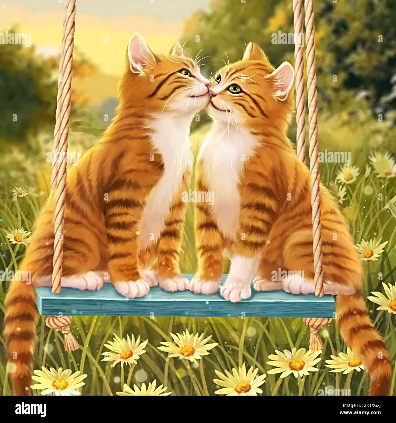 picture of a pair of orange cats on a swing in a flower garden Stock ...