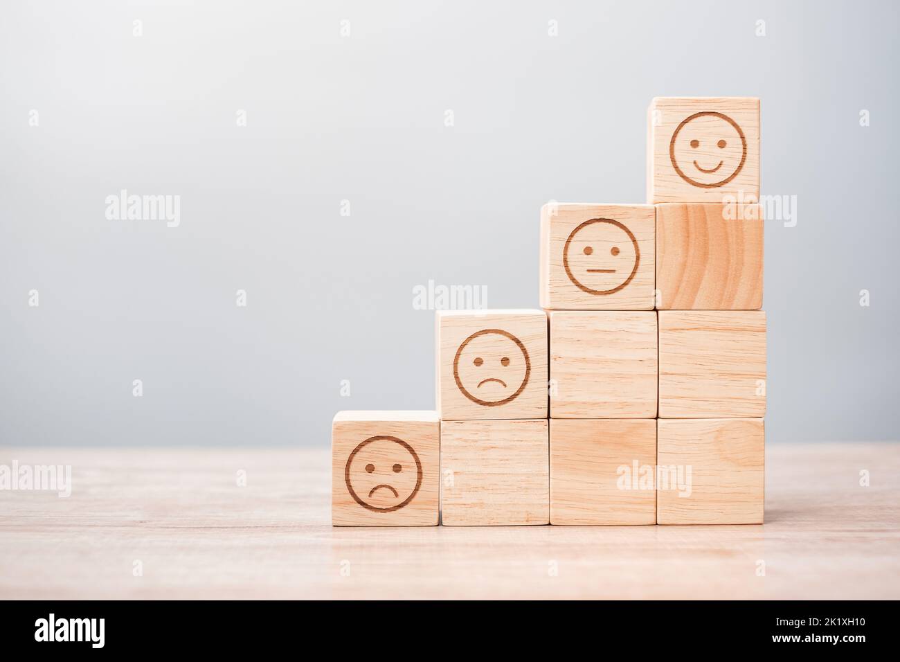 emotion face symbol on wooden blocks. Service rating, ranking, customer ...