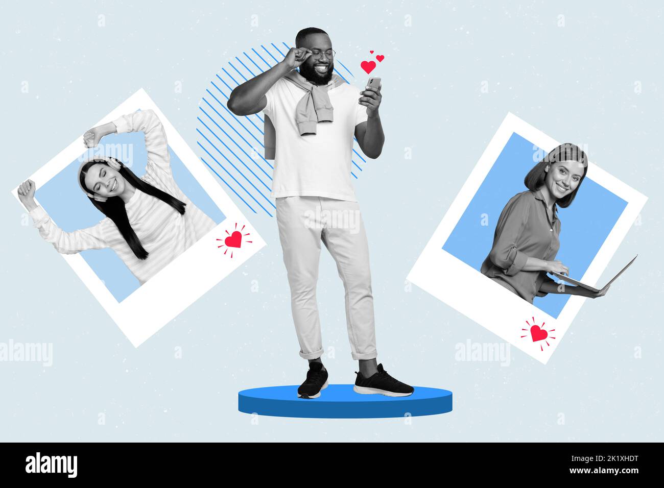 Creative 3d collage poster postcard image of guy use telephone scroll ...