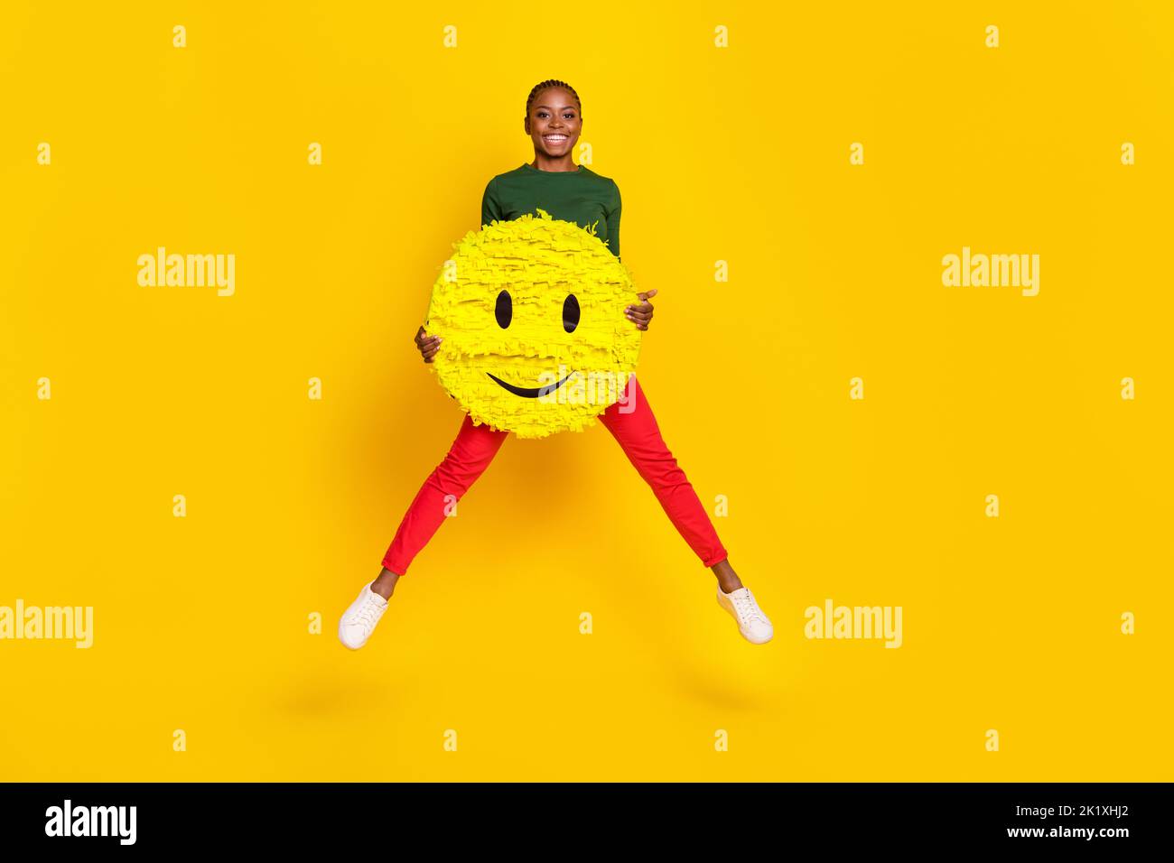 Full length photo of pretty beautiful lady dressed green shirt jumping ...