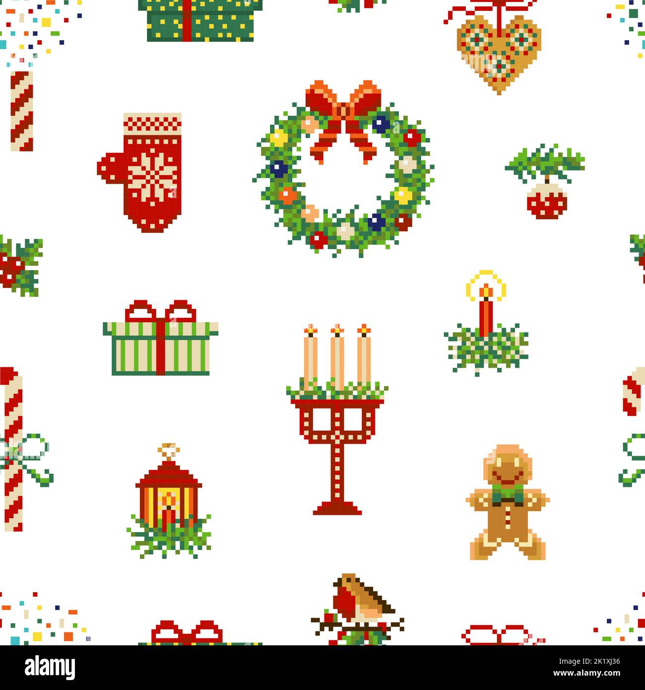 8 bit Vintage Pixel Art Merry Christmas Pattern Stock Vector Image ...