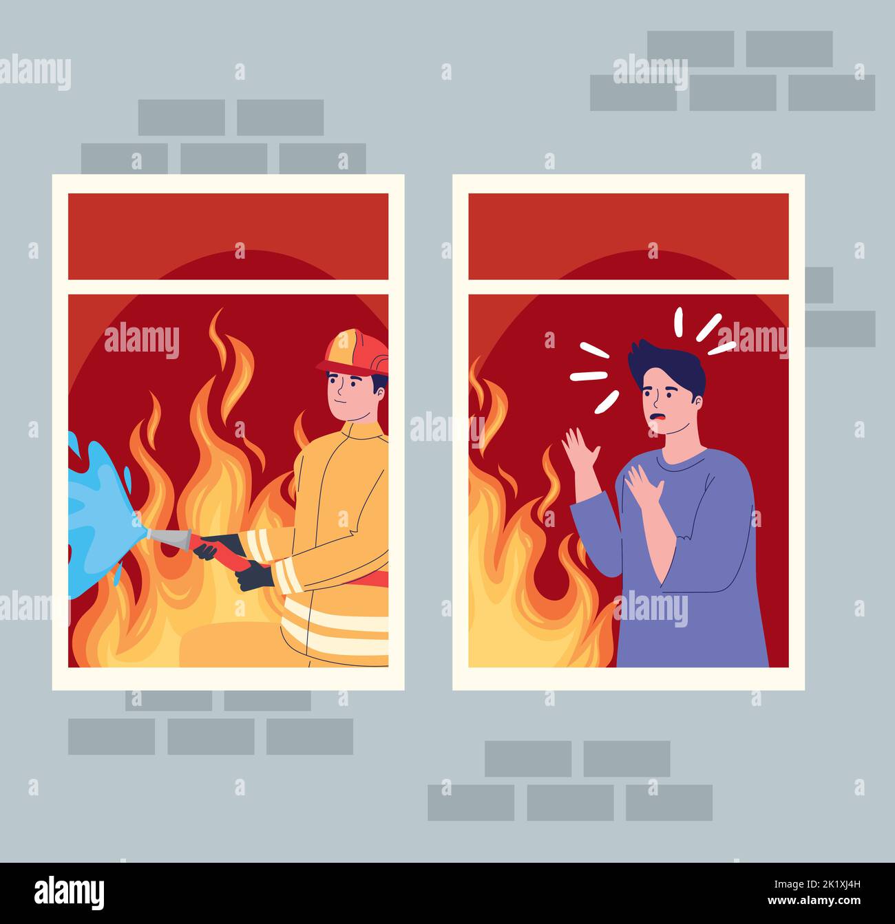Fireman with scared man Stock Vector Image & Art - Alamy