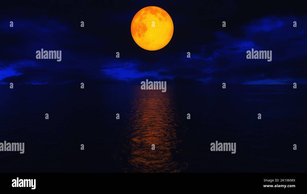 blood red moon over the ocean (3d rendering,this image elements ...