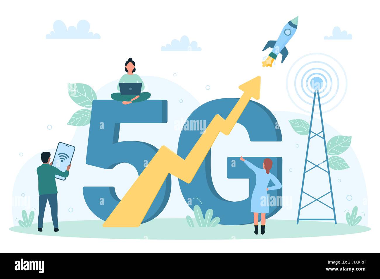 5G speed internet, network technology and communication vector illustration. Cartoon tiny people ...