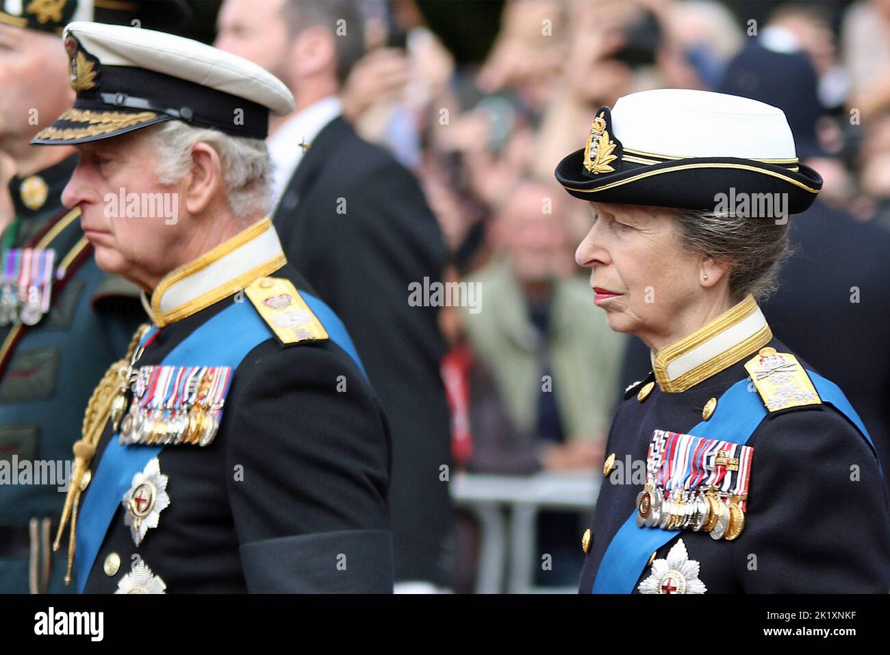King Charles the 3rd and Princess Anne follow behind the state funeral ...