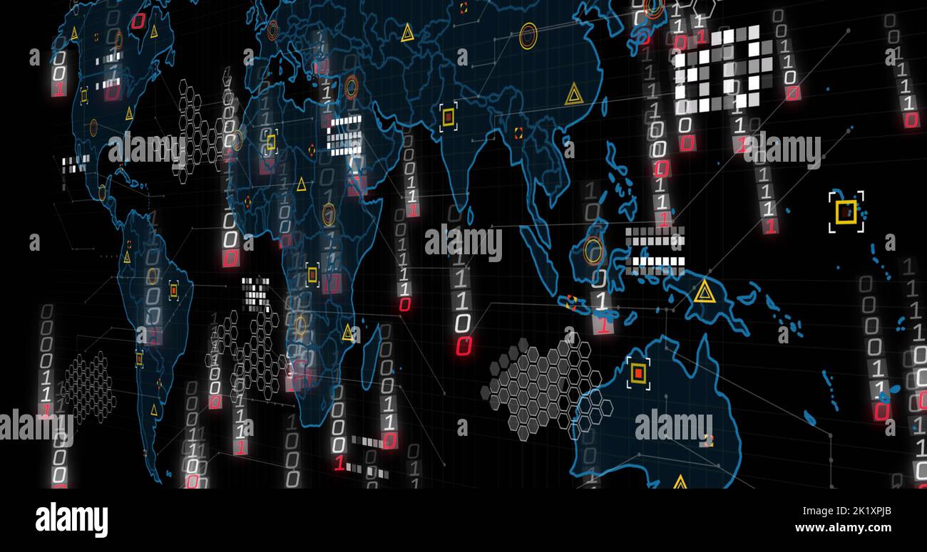 Image of binary coding and data processing over world map Stock Photo - Alamy