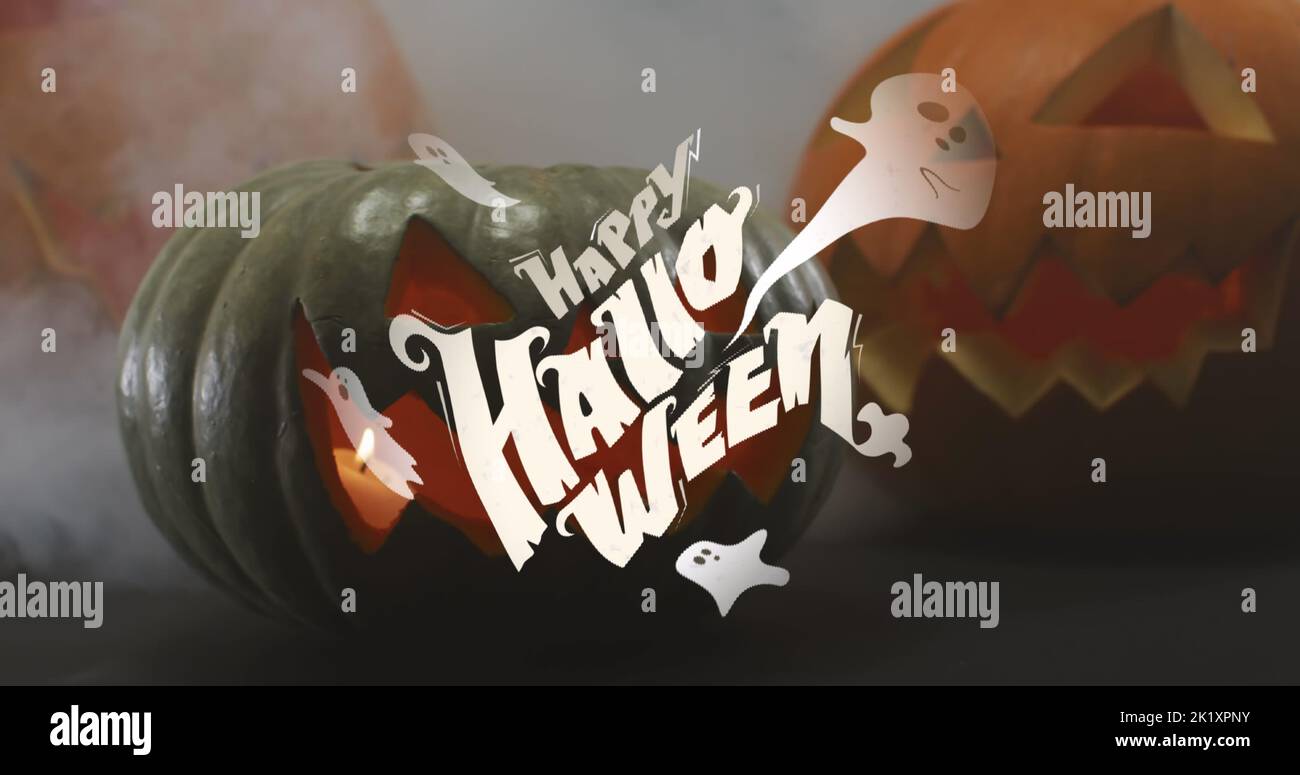 Image of halloween text over carved pumpkins on grey background Stock ...