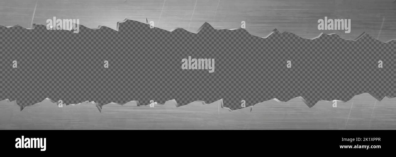 Metal rip hole, horizontal frame with ragged edges. Crack border, cut ...