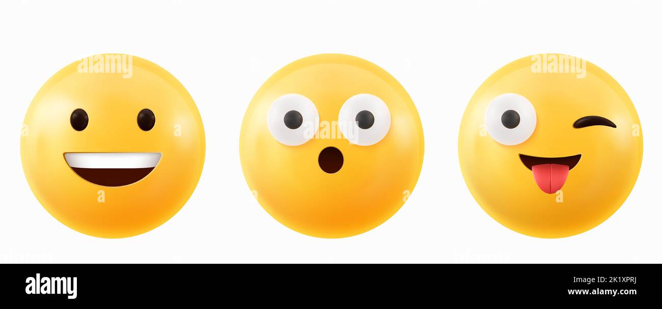 3d render emoji face, smile, show tongue and surprised wow emotions ...