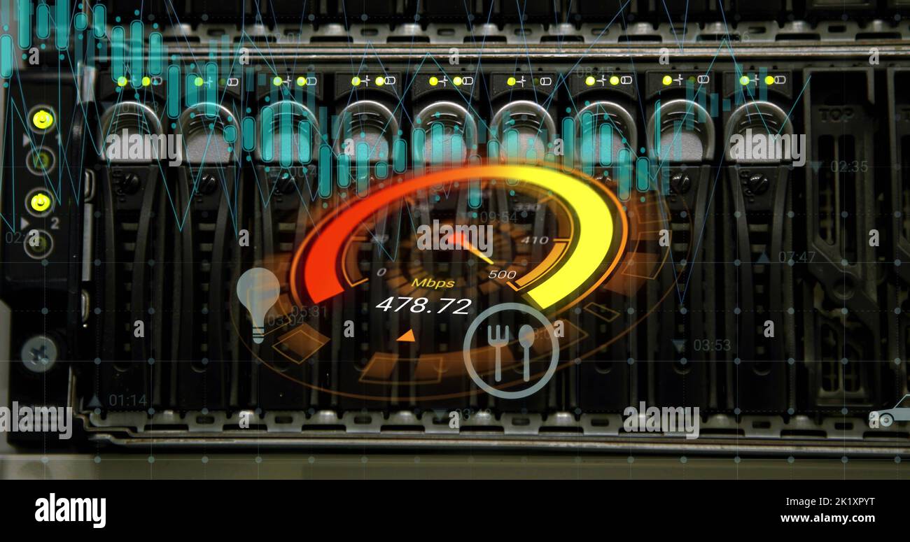Image of data processing and server room over speedometer Stock Photo - Alamy