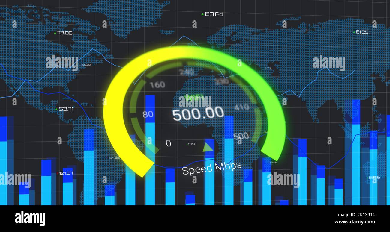 Image of data processing and world map over speedometer Stock Photo - Alamy