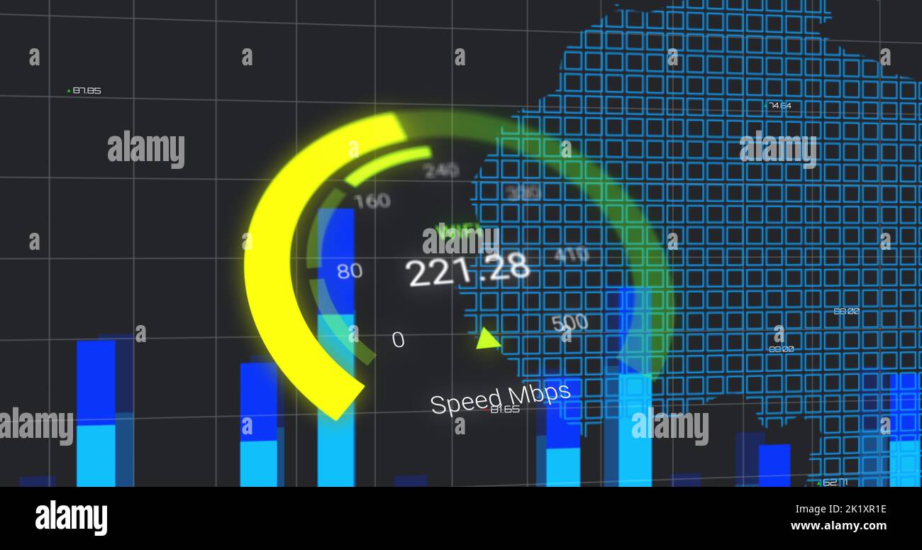 Image of data processing and world map over speedometer Stock Photo - Alamy