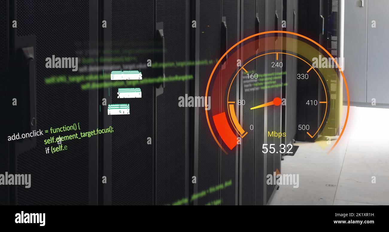 Image of data processing and server room over speedometer Stock Photo - Alamy