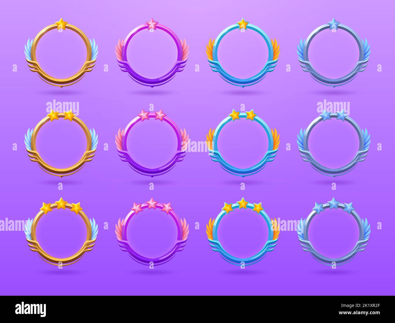 Round ui game avatar frames, fantasy empty borders with level stars and wings. Cartoon yellow ...