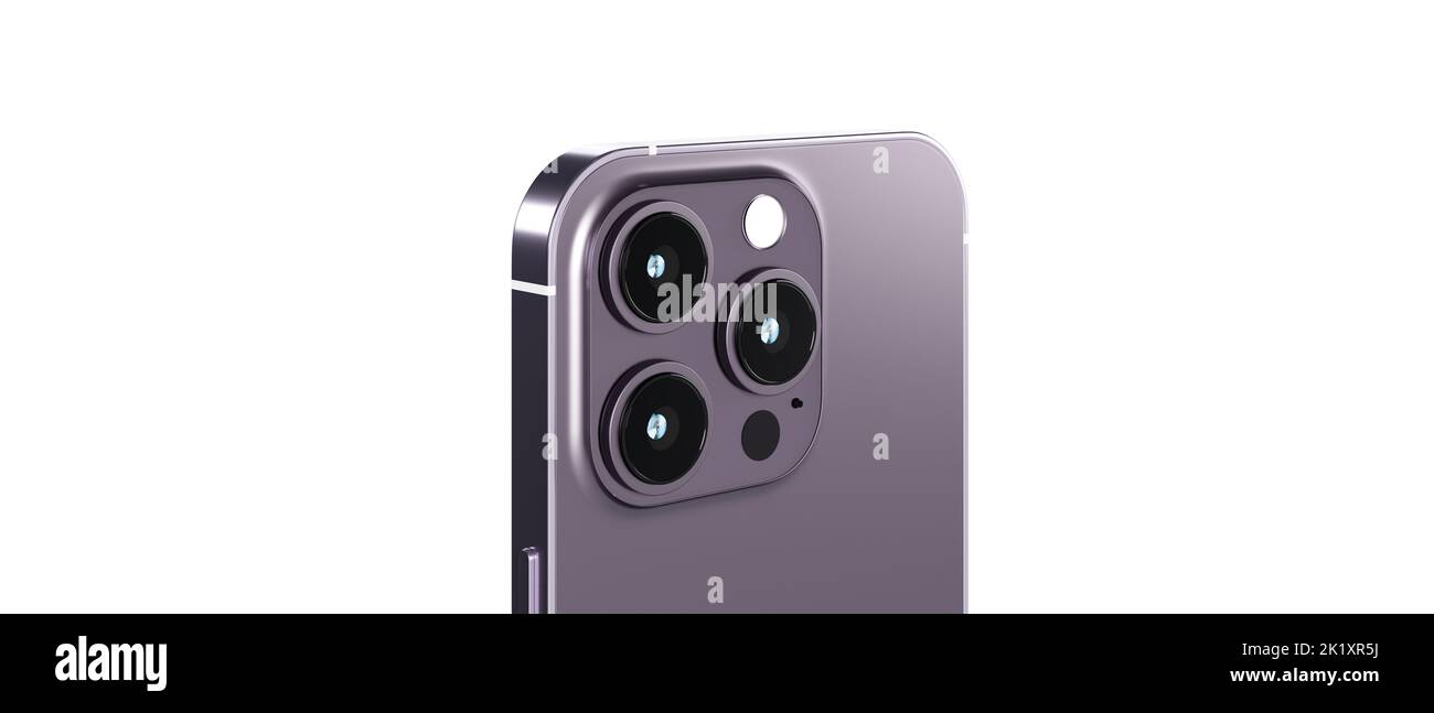 Back view of realistic new smartphone mockup with camera in purple ...