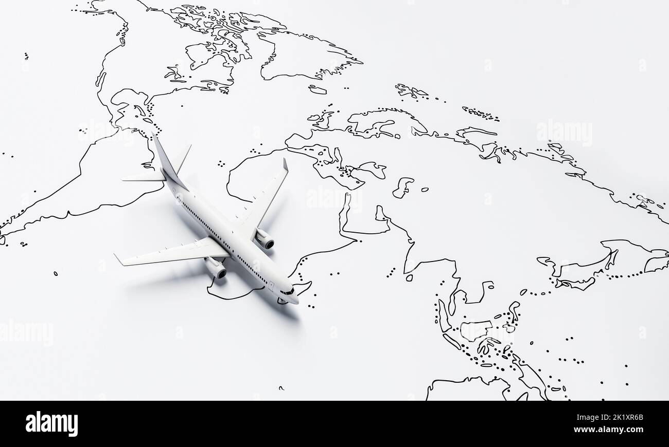 Plane flies above white paper map of the world travel background ...