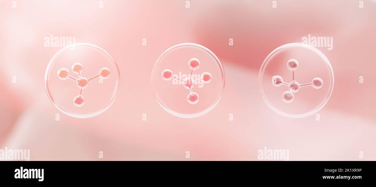 Molecule atoms structure inside bubbles on pink skin background ...