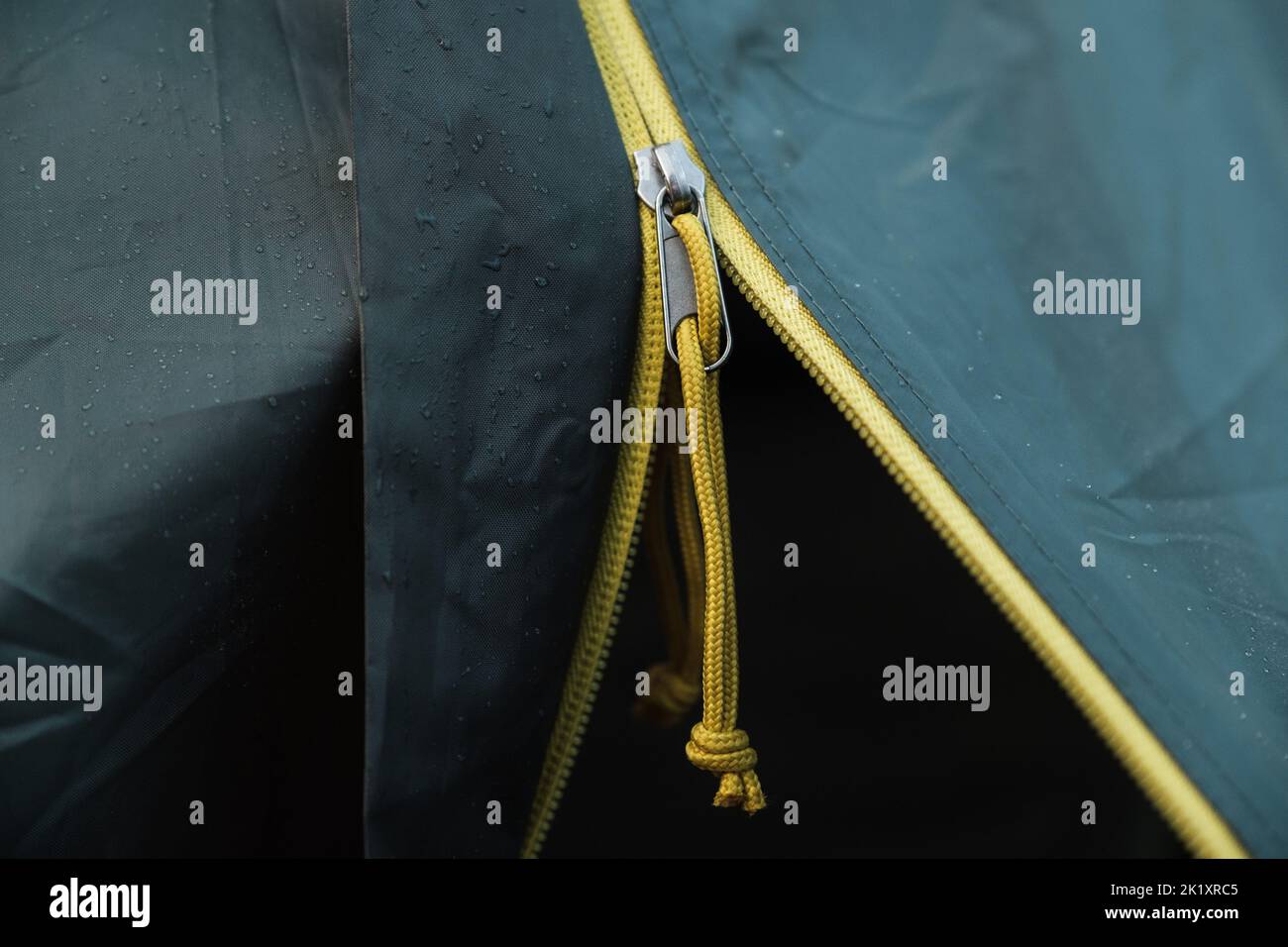 Zipper of outer tent awning in open state Stock Photo - Alamy