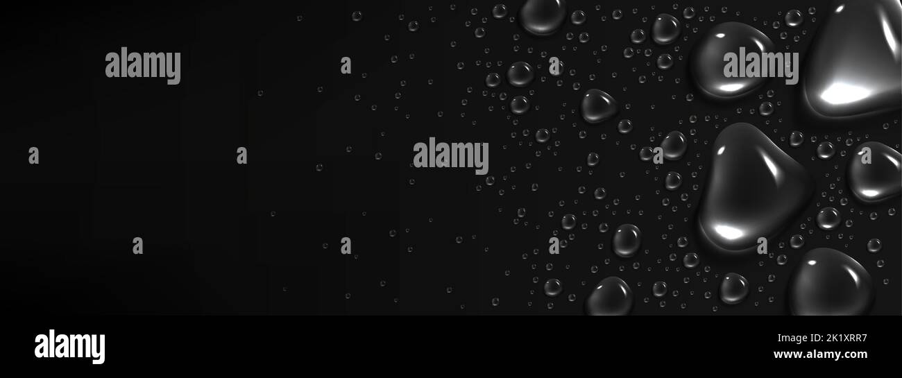 Rain drops on black background, water condensation, raindrops with ...