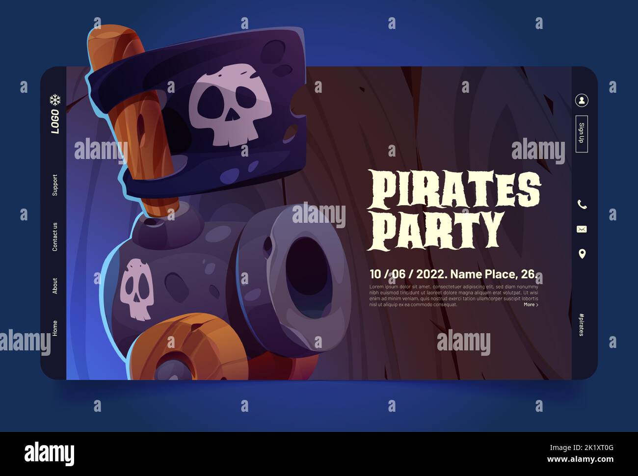 Pirates party landing page template. Cartoon vector illustration of old ...