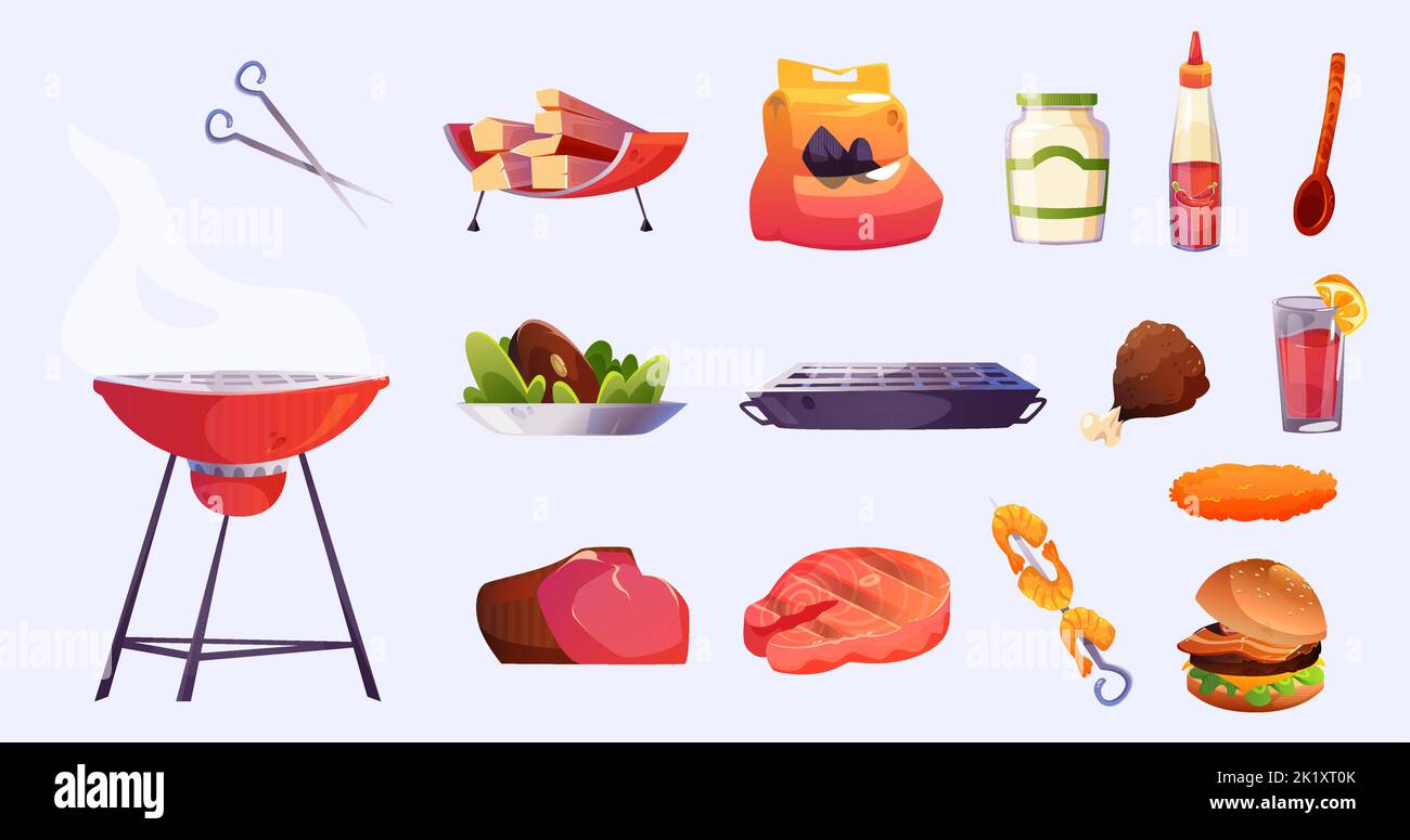 Bbq set, barbecue food and cooking stuff. Grill machine, fish steak ...