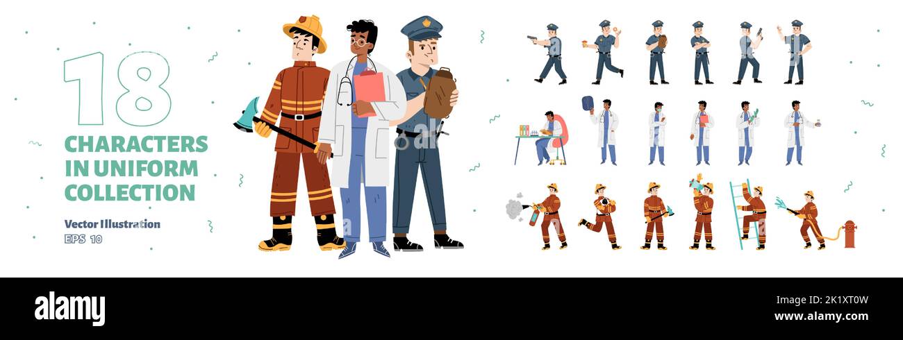Set of people in professional uniform, policeman, doctor and ...