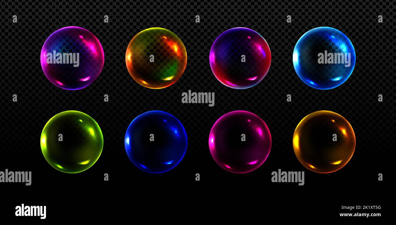 Neon soap bubbles, rainbow colorful iridescent glass balls or spheres ...