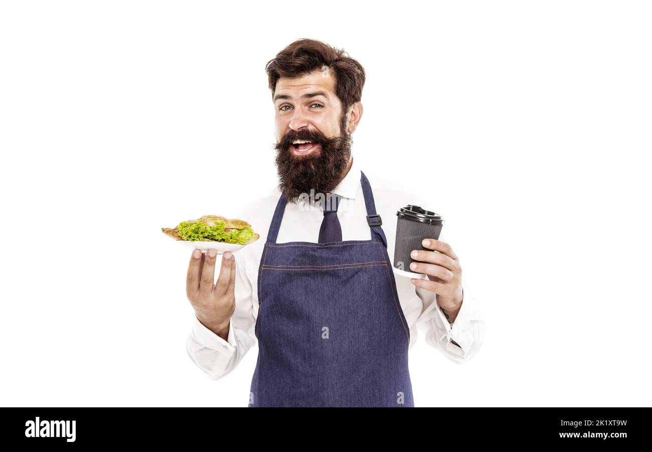 Cafe food concept. Man bearded waiter giving plate with food and coffee ...