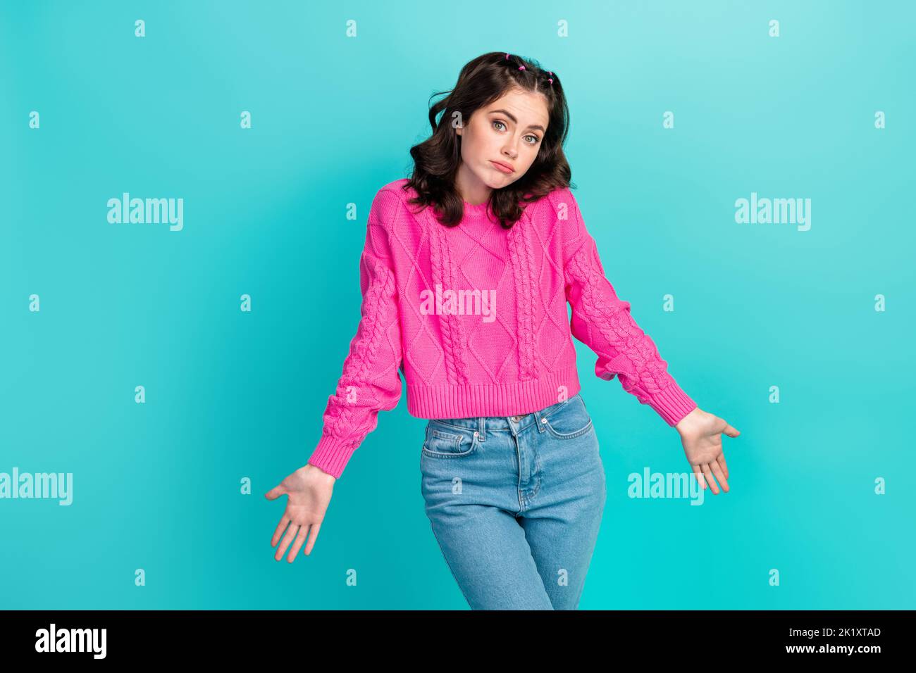 Portrait photo of young attractive cute nice woman shrug shoulders dont ...