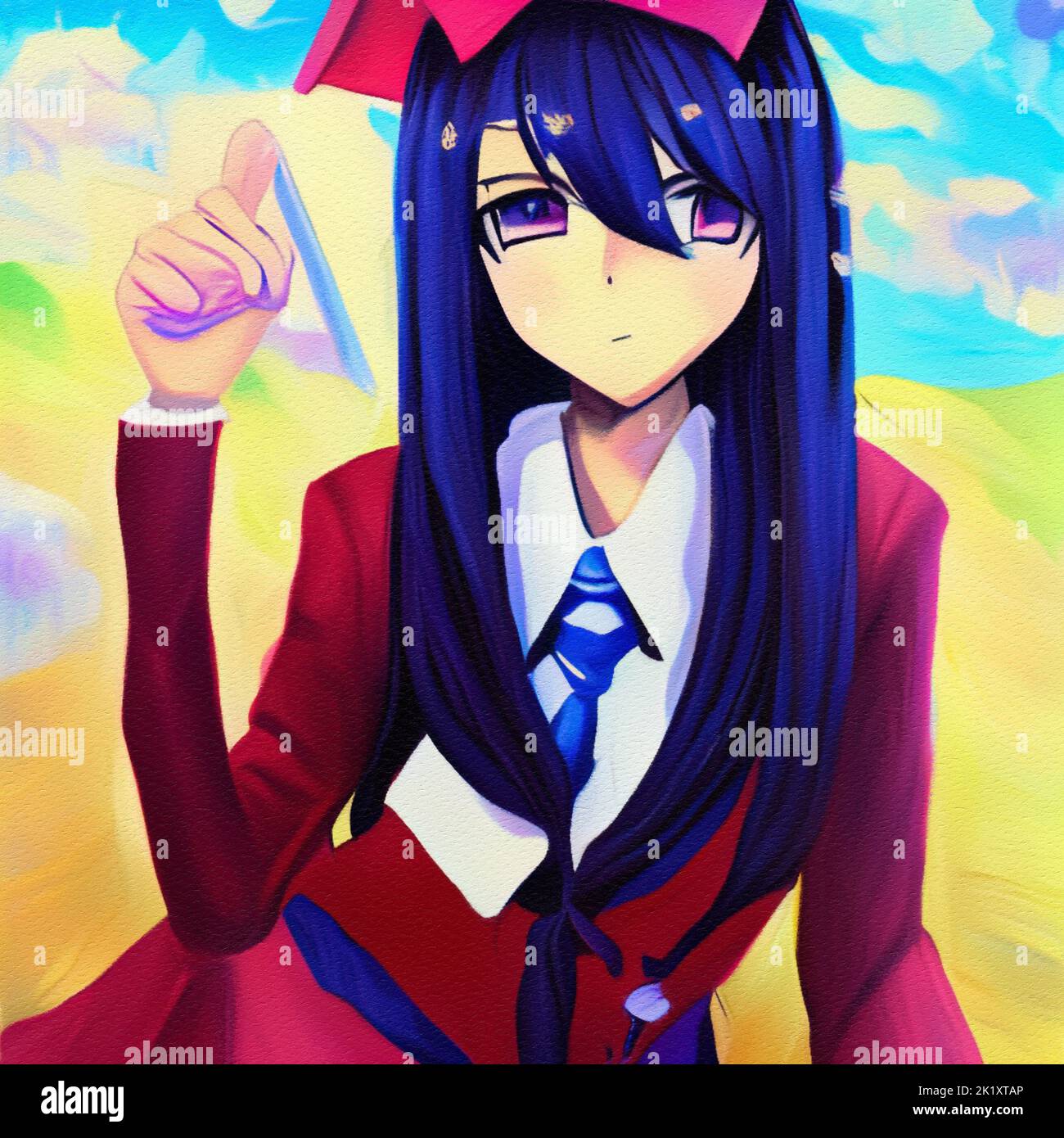Cute anime schoolgirl portrait cartoon oil painting. Japanese girl ...