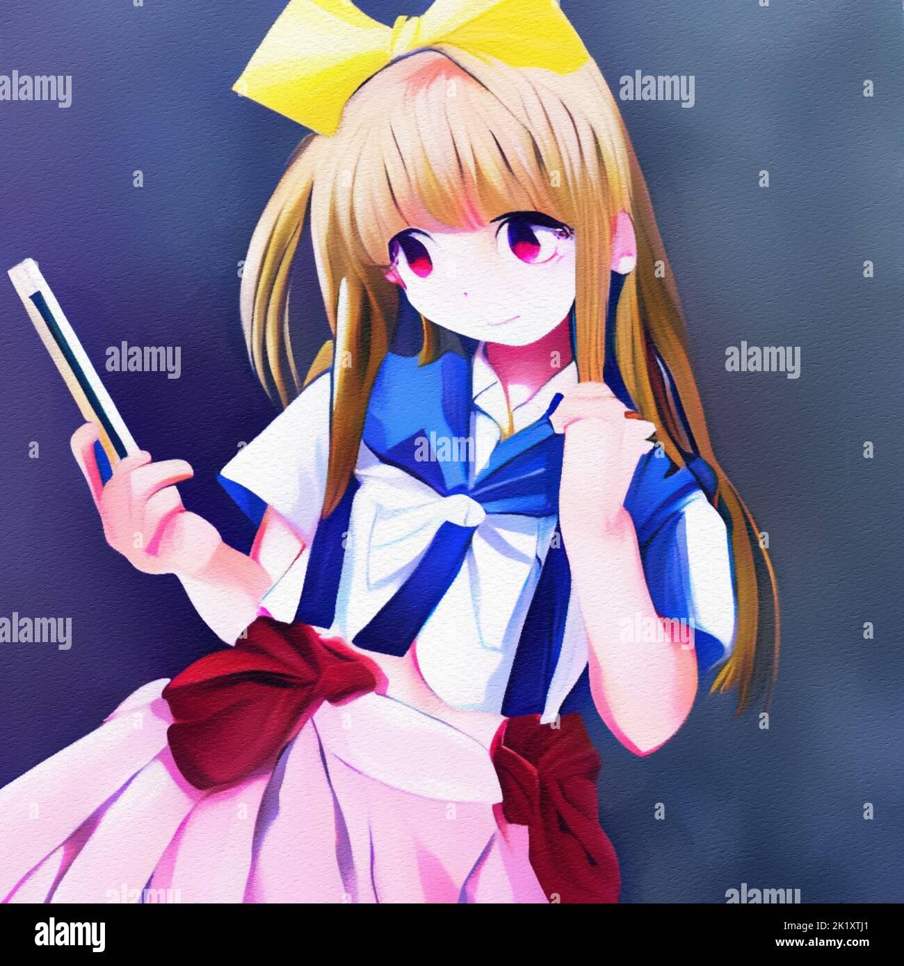 Cute anime schoolgirl portrait cartoon oil painting. Japanese girl ...