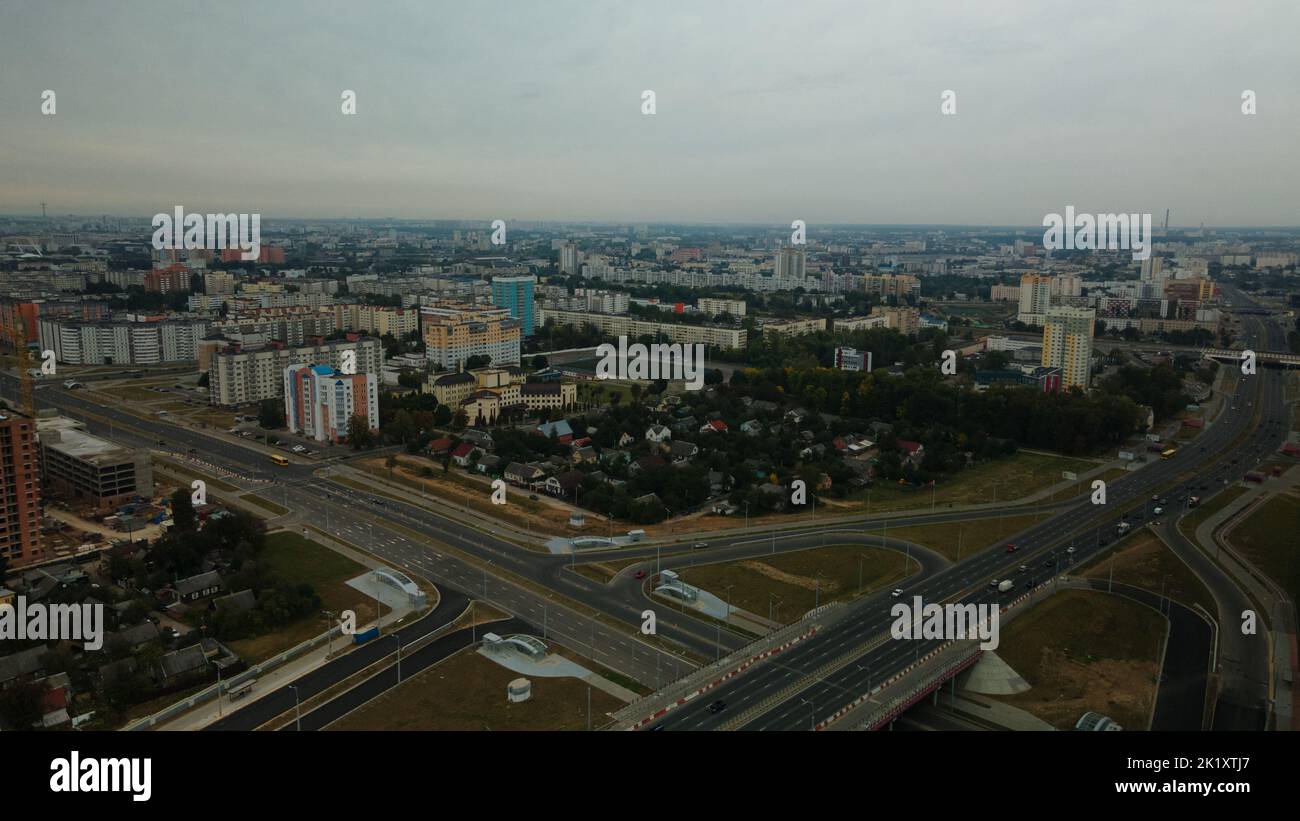 Busy city highway. Major road junction. Urban landscape. Aerial ...