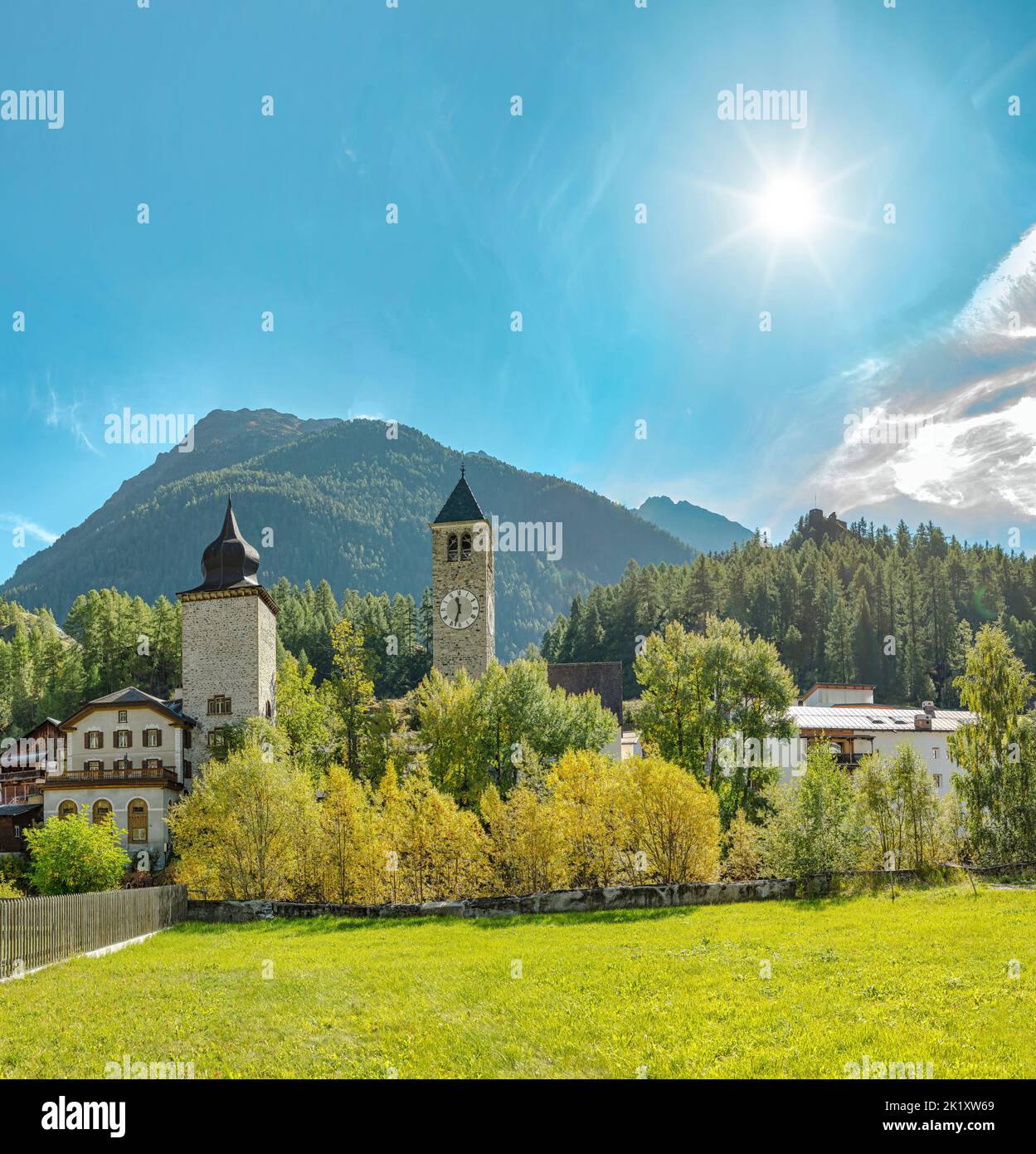 Next to the church, the Tuor Planta tower Stock Photo - Alamy