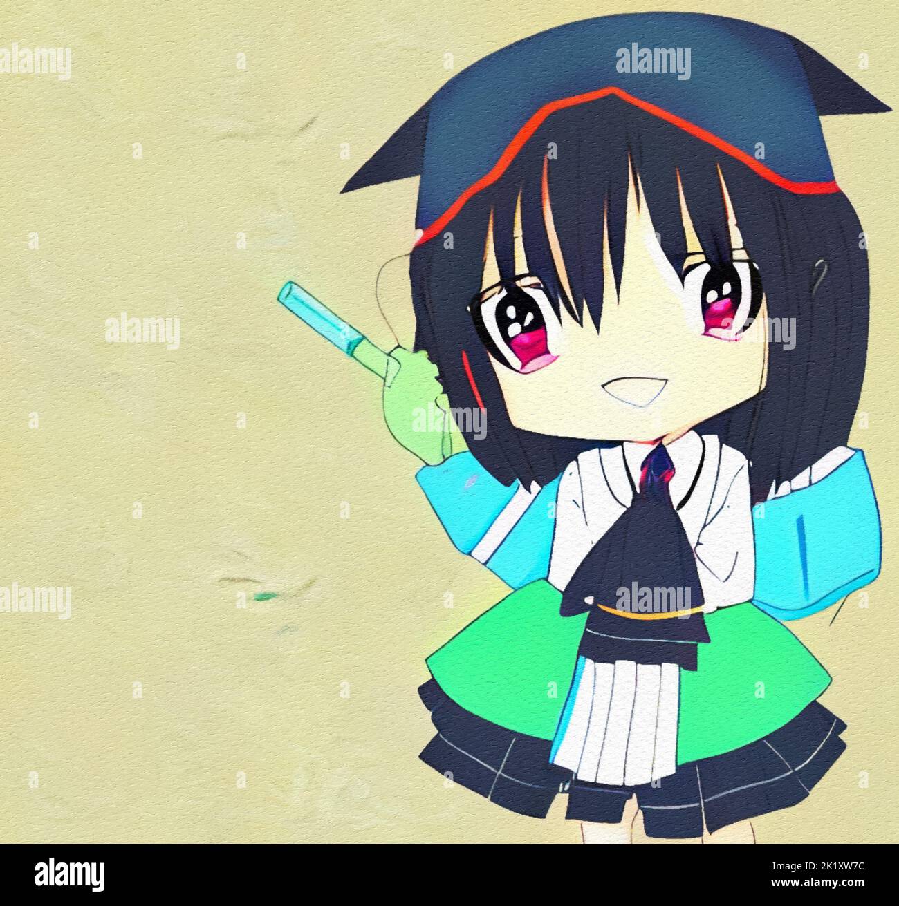 Cute anime schoolgirl portrait cartoon oil painting. Japanese girl ...