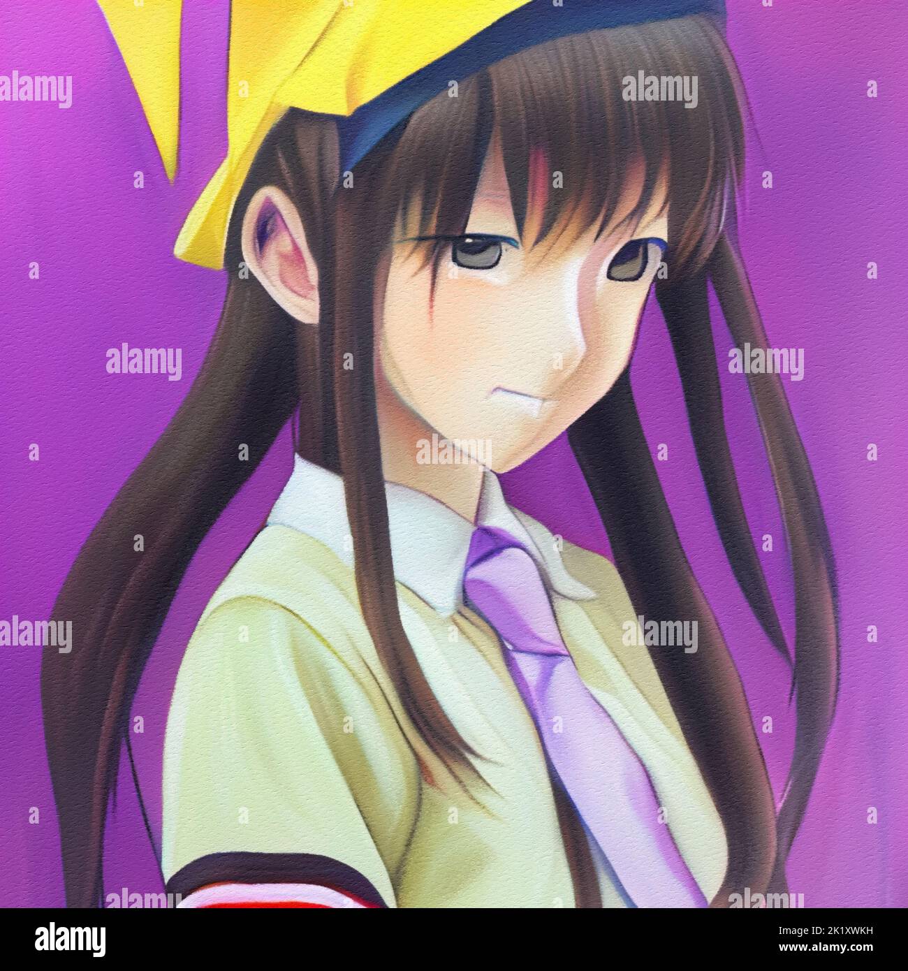 Cute anime schoolgirl portrait cartoon oil painting. Japanese girl ...