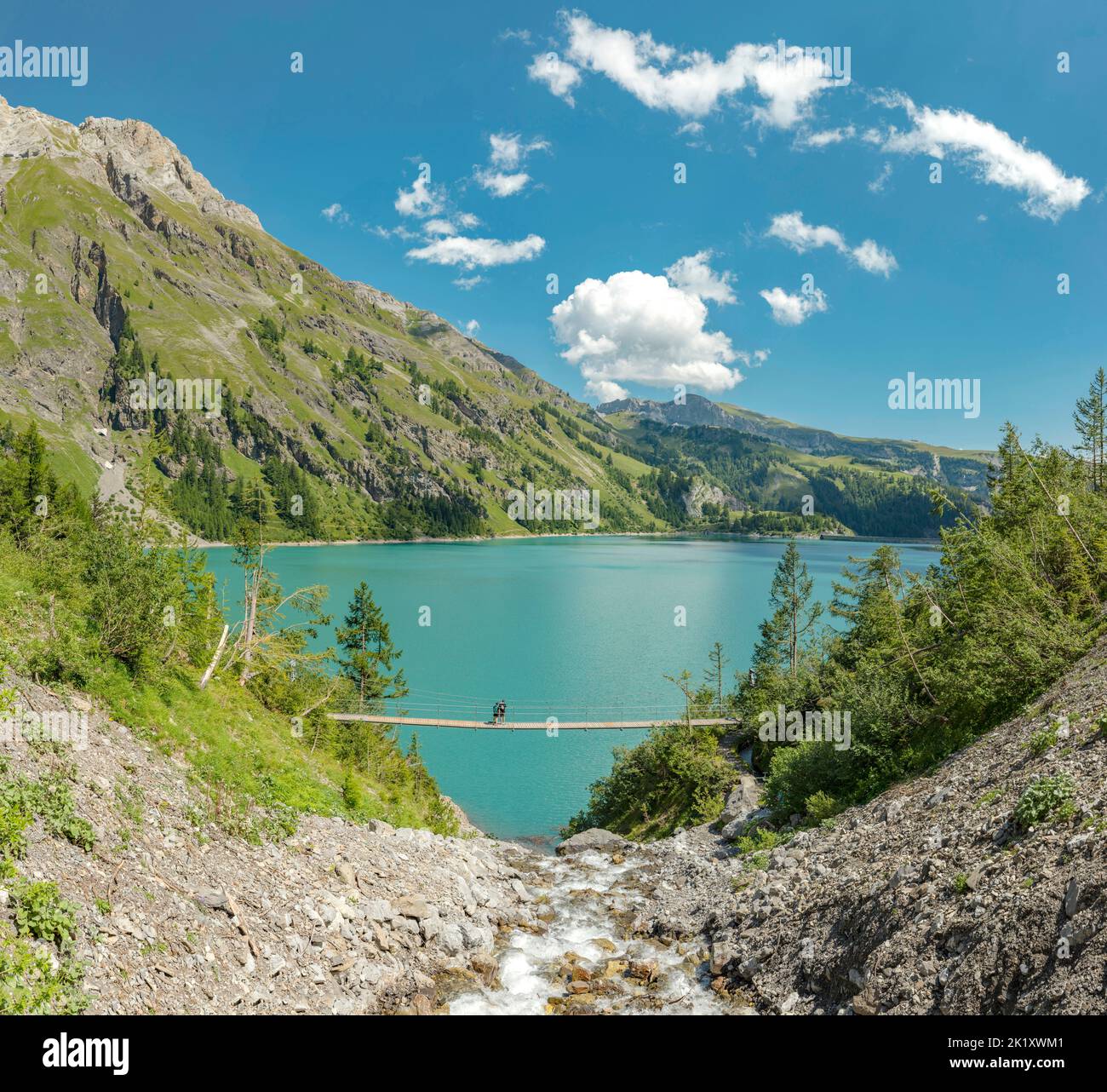 suspension bridge of the Bisse de Sion near Lake de Tseuzier Stock ...