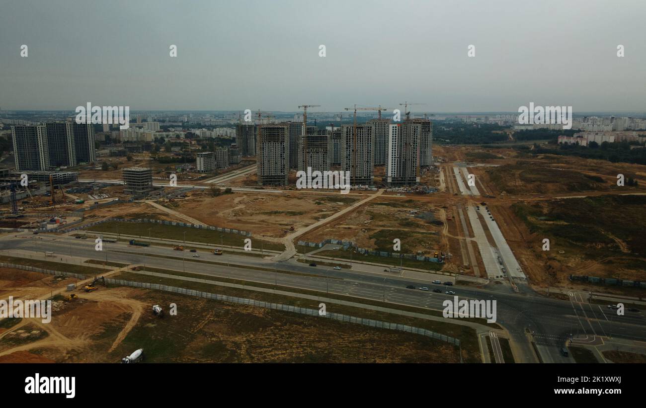 Construction site of a new city block. Construction of multi-storey ...